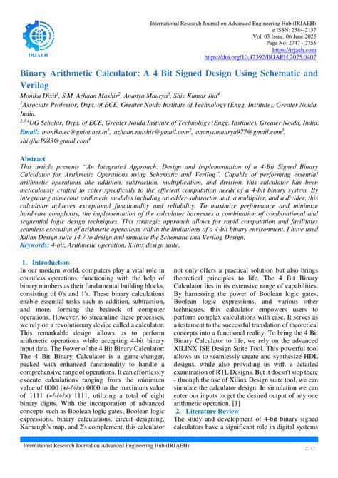 Pdf Binary Arithmetic Calculator A 4 Bit Signed Design Using