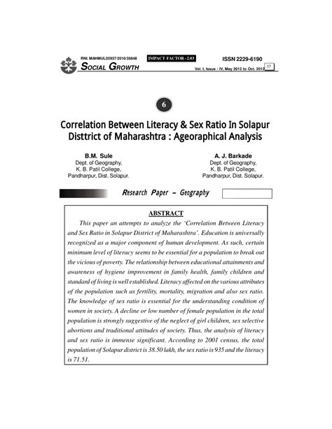 Pdf Social Growth Correlation Between Literacy And Sex Ratio In Solapur
