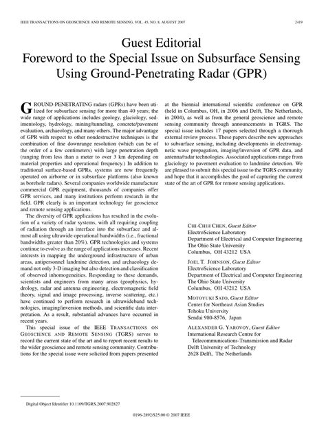 Pdf Foreword To The Special Issue On Subsurface Sensing Using Ground Penetrating Radar Gpr