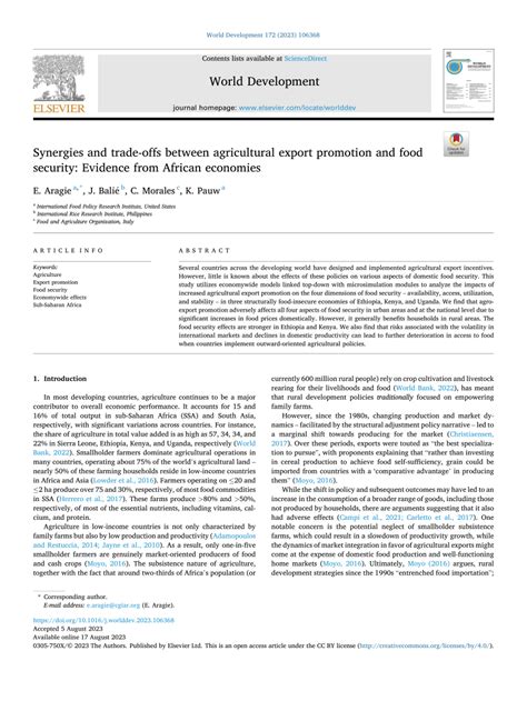 Pdf Synergies And Trade Offs Between Agricultural Export Promotion