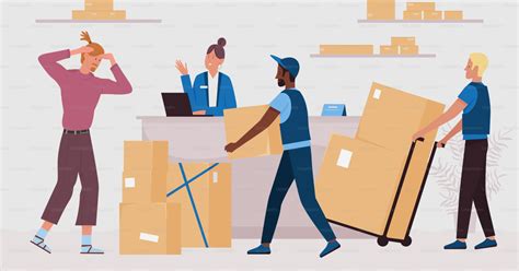 우체국 카운터에서 소포를 받는 고객 만화 우체국 직원들은 손수레에 물품이 실린 화물 상자를 나르고 점원은 리셉션 데스크에 서 있다 배달 개념 벡터 Unsplash의