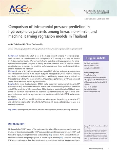 Pdf Comparison Of Intracranial Pressure Prediction In Hydrocephalus Patients Among Linear Non