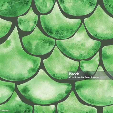 파충류 피부 끝 없는 프린트 검은 색 배경에 수채화 물고기 스케일 매끄러운 패턴 녹색 추상 벽지 손으로 그린 기하학적 배경 중첩