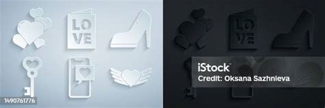 하트 스피치 버블 여자 신발 하이힐 모양의 열쇠 하트 날개 발렌타인 데이 파티 전단지 및 아이콘으로 스마트 폰을 설정하십시오 벡터 0명에 대한 스톡 벡터 아트 및 기타