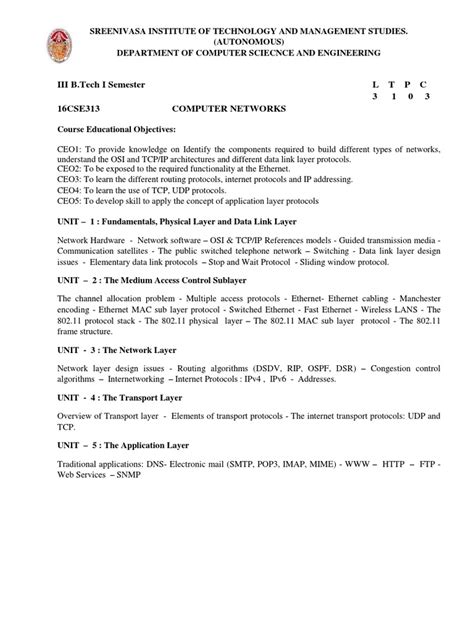 Iii Btech I Semester L T P C 3 1 0 3 16cse313 Computer Networks Pdf