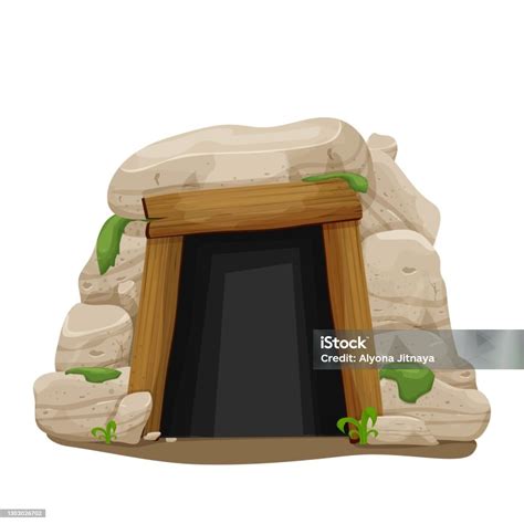 돌에서 오래된 동굴 흰색 배경에 고립 만화 스타일의 이끼와 잔디바위 나무 판자 어두운 미스터리 터널에서 입구 위치 건설 클립 아트 Ui 자산 입구 건축물 특징에 대한 스톡