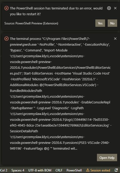 The Powershell Session Has Terminated · Issue 2802 · Powershellvscode Powershell · Github