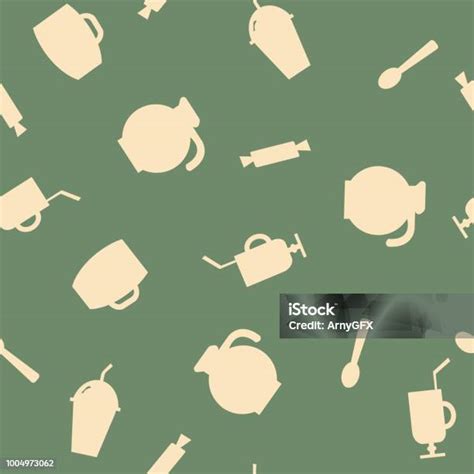 사탕과 녹색 배경에 숟가락에는 주전자를 커피 타일 배경입니다 벡터 일러스트입니다 0명에 대한 스톡 벡터 아트 및 기타 이미지