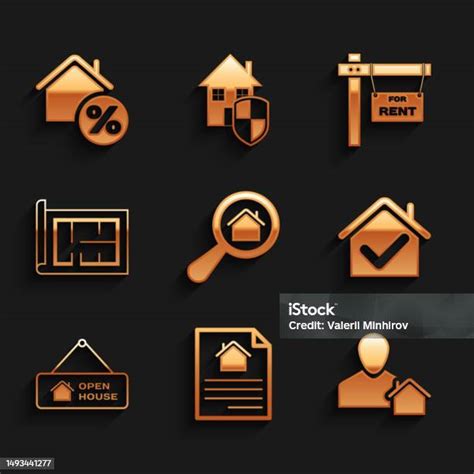 집 검색 주택 계약 부동산 중개인 확인 표시 교수형 기호 열기 계획 임대 및 Percant 아이콘을 설정합니다 벡터 가정의 방에 대한 스톡 벡터 아트 및 기타 이미지