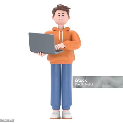 노트북을 들고 서 있는 행복한 남자 카디르의 3d 그림 컴퓨터를 사용하는 만화 캐릭터의 초상화 통신 사무실 직장 개념 흰색 배경에 3d 렌더링 3차원 형태에 대한 스톡 사진