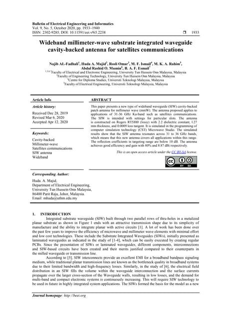 Wideband Millimeter Wave Substrate Integrated Waveguide Cavity Backed Antenna For Satellites