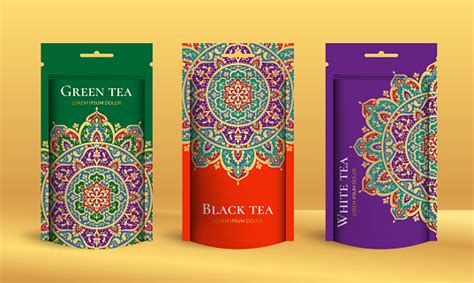 지퍼 파우치 백 모형을 사용한 차 포장 디자인 벡터 장식 템플릿입니다 우아하고 고전적인 요소 음식 음료 및 기타 패키지 유형에 적합합니다 배경 과 벽지에 사용할 수 있습니다