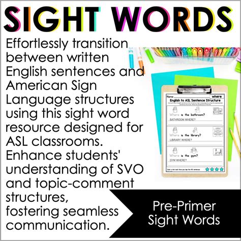 English To Asl Sentence Structure Worksheets Pre Primer Sight Words For Grammar Practice