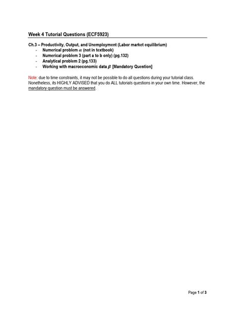 Week 4 Tutorial Questions Ecf5923 Pdf Labour Economics Macroeconomics