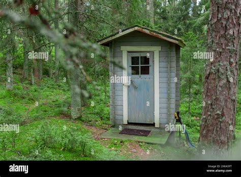 Wooden Toilet In The Forest Blue Colored Natural Bio Wc Cabin Among