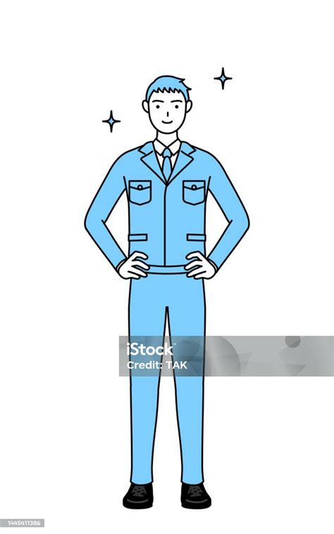 엉덩이에 손을 얹고 작업복을 입은 남자의 간단한 선 그리기 건설 산업에 대한 스톡 벡터 아트 및 기타 이미지 건설 산업