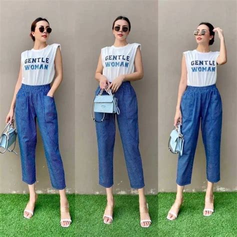 กางเกงขากระบอกเล็ก 7 ส่วน กระเป๋าข้างผ้ายีนส์ฟอกและผ้าลินิน กางเกงขายาวหญิง กางเกง7ส่วนขากระบอก