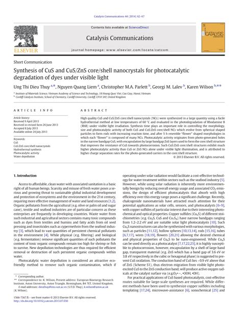 Pdf Synthesis Of Cus And Cuszns Coreshell Nanocrystals For Photocatalytic Degradation Of