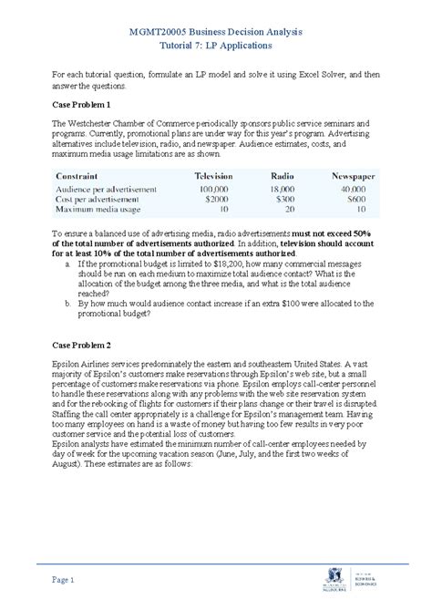 Bda Tutorial 7 Mgmt20005 Business Decision Analysis Tutorial 7 Lp Applications Page 1 For