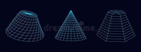 Set Of Deformed Wireframe Cones From Different Sides Vector Abstract