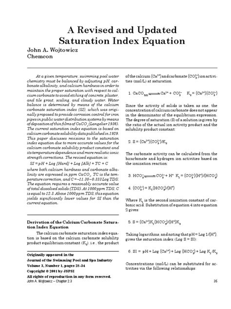 Saturation Index Equation Pdf Bicarbonate Ph