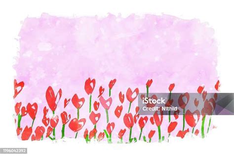 분홍색 수채화 배경에 빨간 꽃밭 하트 모양 꽃 발렌타인 데이 카드 수채화 귀여운에 대한 스톡 벡터 아트 및 기타 이미지