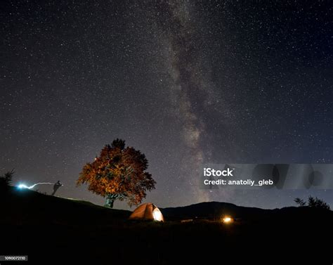 관광 하이킹 텐트 내부 남자 실루엣에서 조명 및 굽기 어두운 파란색 별이 빛나는 하늘 아래 모닥불 0명에 대한 스톡 사진 및 기타 이미지 Istock