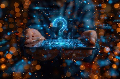 Businessman Holding Tablet Showing Hologram Of Question Mark With Data