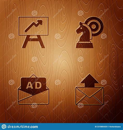 Set Mail And E Mail Board With Graph Chart Advertising And Chess On Wooden Background Vector