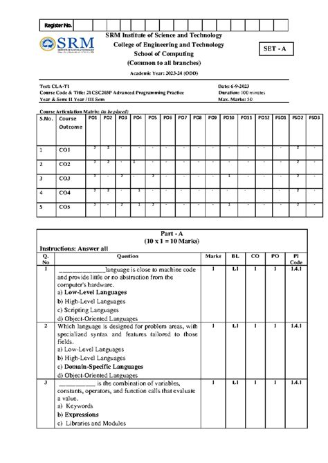 Set A Ct1 Answers Register No Srm Institute Of Science And Technology College Of Engineering