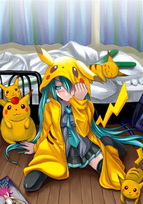 Aebafuti Hatsune Miku Piakchu Pikachu Nintendo Pokemon Vocaloid 1girl 3 Aqua Eyes