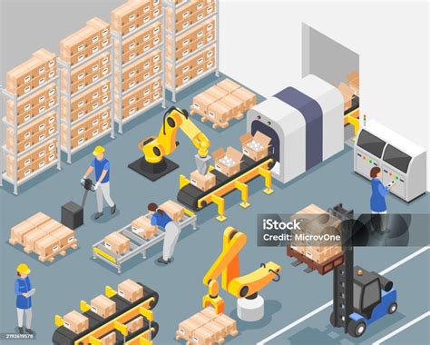 아이소메트릭 제조 조립 라인 컨베이어 로봇 팔 및 현대식 공장 기계로 작업하는 작업자 로봇과 사람 흠잡을 데 없는 벡터 장면 개념에 대한 스톡 벡터 아트 및 기타 이미지