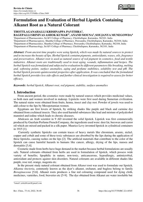 Pdf Formulation And Evaluation Of Herbal Lipstick Containing Alkanet