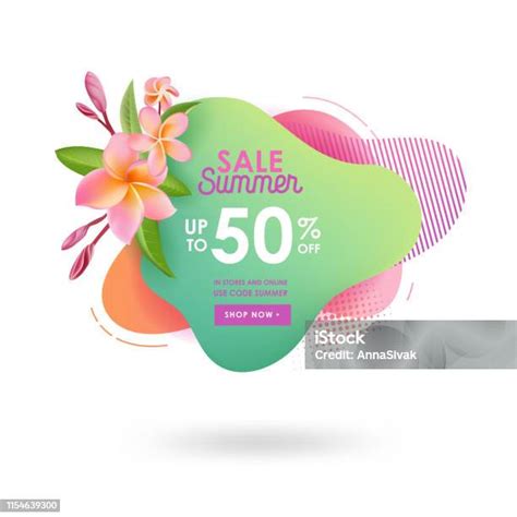 여름 판매 배너 템플릿입니다 플 루 메리 아 꽃 열 대 배경 및 배경으로 액체 추상 기하학적 거품 시즌 제안에 대 한 프로 모션 배지 프로 모션 광고 벡터 일러스트 개념에