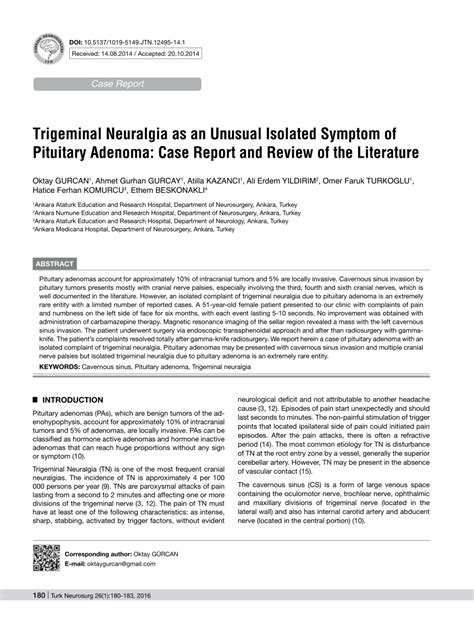 Pdf Trigeminal Neuralgia As An Unusual Isolated Symptom Of Pituitary