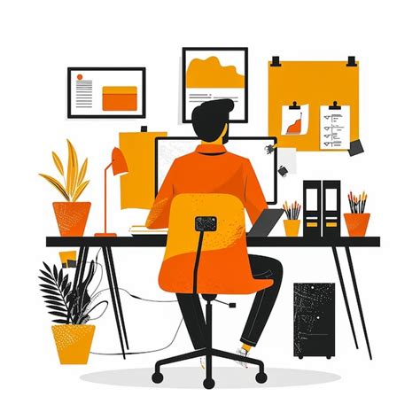 Premium Photo Man Sitting At Computer Working Minimalist Vector Illustration