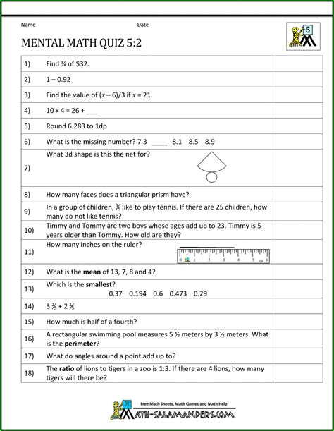 Maths Worksheet For Class 5th