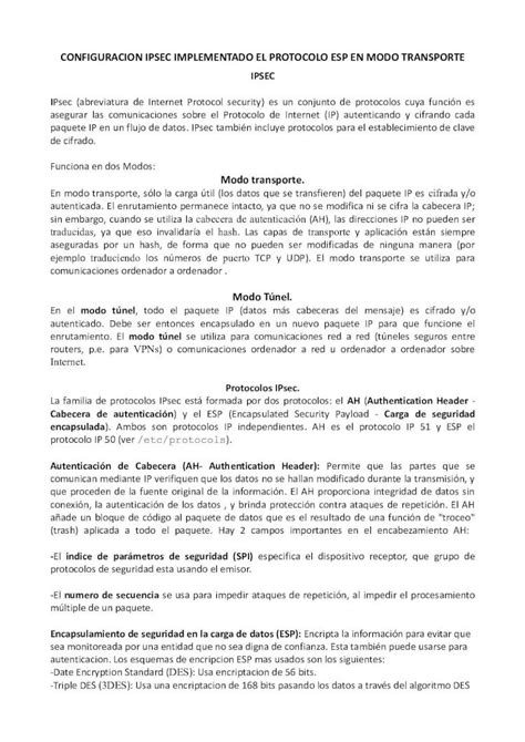 Pdf Configuracion Ipsec Implementando El Protocolo Esp En Modo