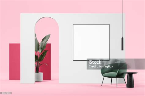 녹색 안락의자와 커피 테이블 아치와 모형 프레임이 있는 거실 인테리어 0명에 대한 스톡 사진 및 기타 이미지 0명 3차원 형태 가구 Istock