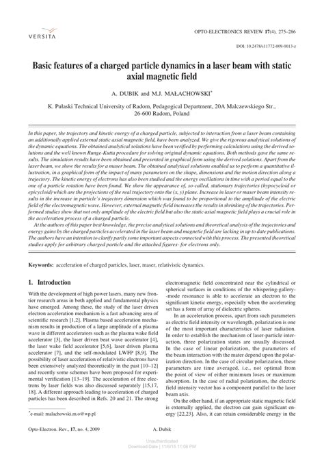 Pdf Basic Features Of A Charged Particle Dynamics In A Laser Beam With Static Axial Magnetic Field