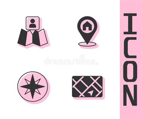 Set Gps Device With Map Folded Location Marker Wind Rose And Location House Icon Vector Stock