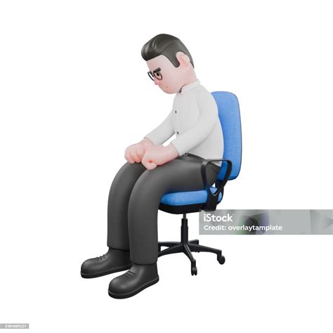 크리 에이 티브 3d 모델 남성 프로듀서가 작업용 의자에 앉아 양손을 허벅지에 얹고 고개를 숙이고 있다 프로듀서 캐릭터 사람들에 대한 스톡 사진 및 기타 이미지 Istock