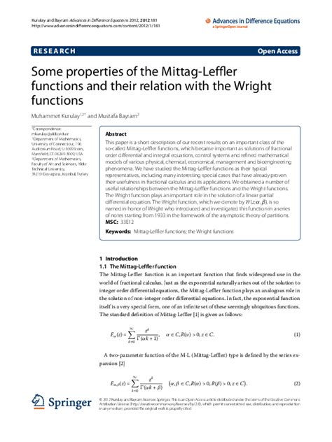 Pdf Some Properties Of The Mittag Leffler Functions And Their Relation With The Wright Functions