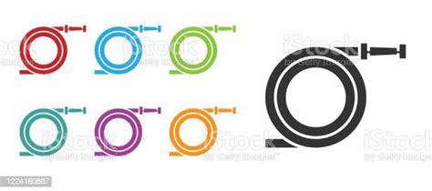 흰색 배경에 격리 된 검은 정원 호스 또는 화재 호스 아이콘입니다 스프레이 건 아이콘 급수 장비 다채로운 아이콘을 설정합니다 벡터 일러스트레이션 개념에 대한 스톡 벡터 아트