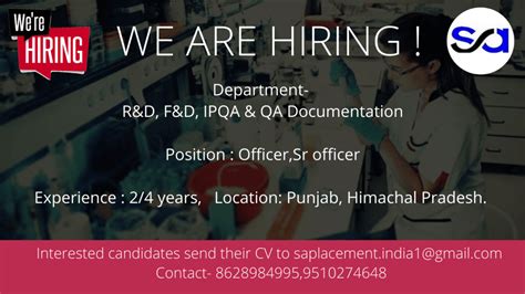 Urgently Hiring For Officersr Officer Randd Fandd Ipqa And Qa