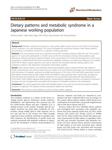 Pdf Dietary Patterns And Metabolic Syndrome In A Japanese Working