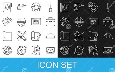 Set Line Laptop And Gear Worker Safety Helmet Toolbox Gear Arrows As