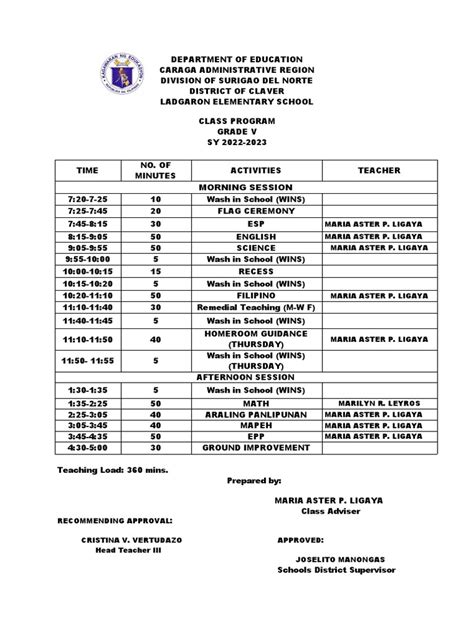 Class Program Grade V Pdf
