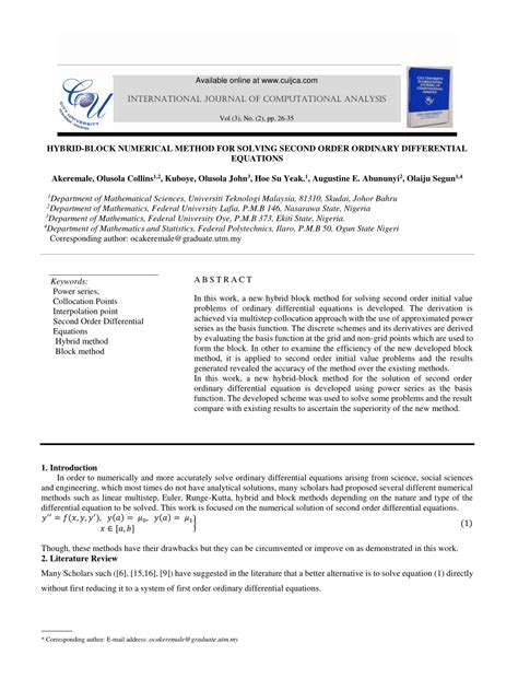 Pdf Hybrid Block Numerical Method For Solving Second Order Ordinary