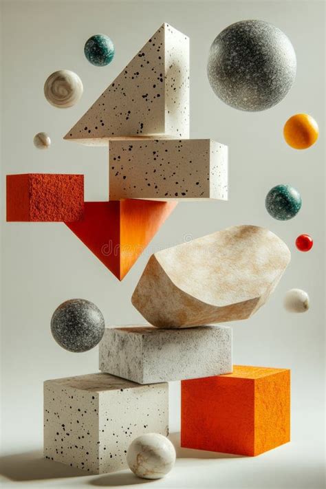 Modern Abstract Art Composition Featuring Various Geometric Shapes And Spheres Balancing